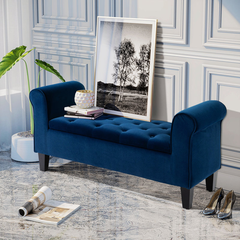 Button Tufted Storage Ottoman Bench Upholstered Bench With Rolled Armrests For Living Room Or Hallway Blue